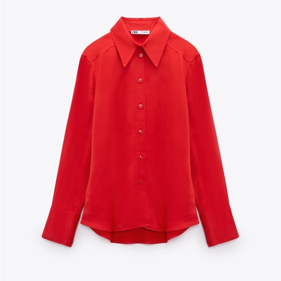 Zara | Tops | Zara Red Satin Effect Shirt | Poshmark